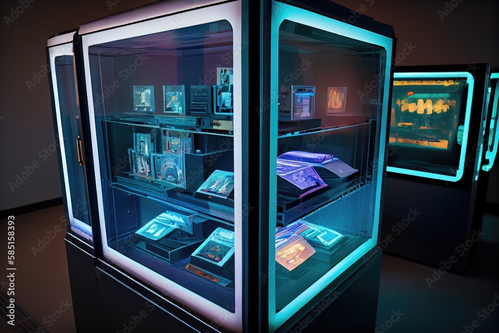 high-tech library, with holographic information displays and 3d ...
