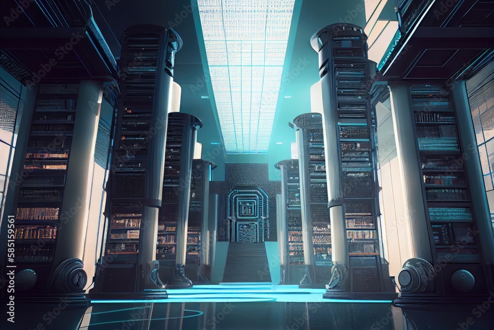 row of glass shelving units with holographic displays and digital books ...