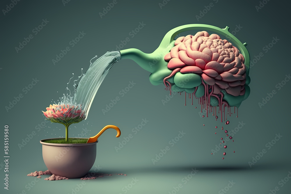 Human brain growing from a flower, watering can is pouring water on the ...