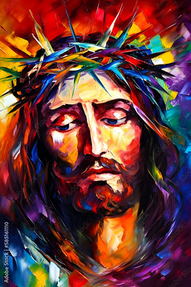 Abstract art. Colorful painting art portrait of Jesus with a crown of ...