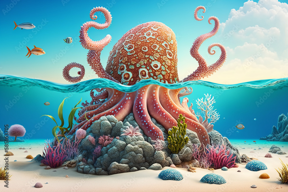 coral reef in the ocean. cartoons of Beautiful octopuses, coral and ...