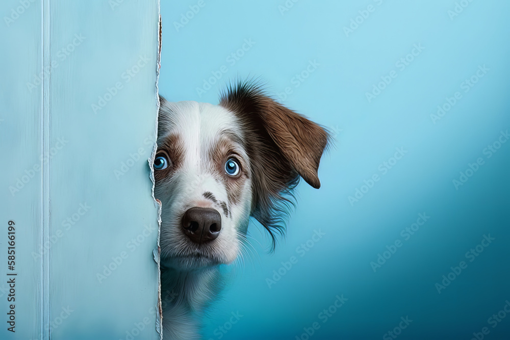 Dog peeking behind a corner. Blue background with copy space ...