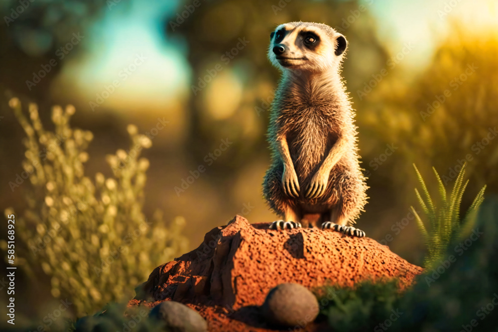 A lively meerkat strikes a pose atop a termite mound, surveying its ...