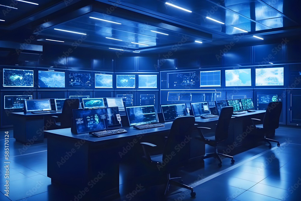 Empty interior of big modern security system control room, workstation with multiple displays ...