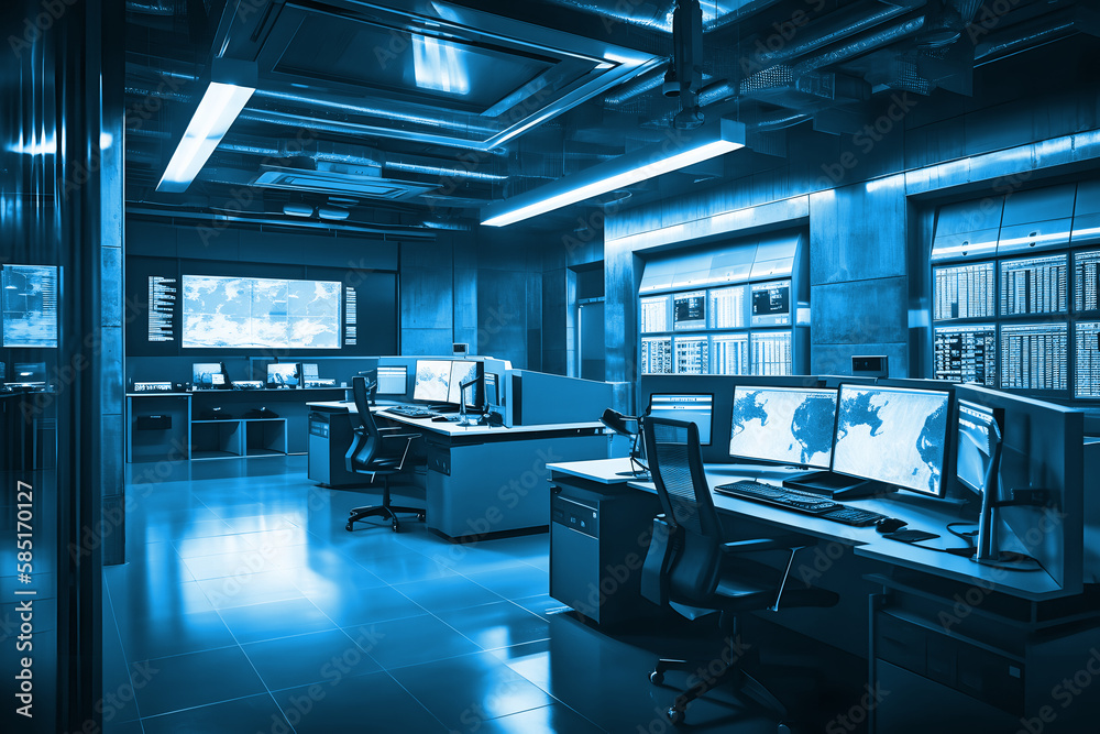 Empty interior of big modern security system control room, workstation with multiple displays ...