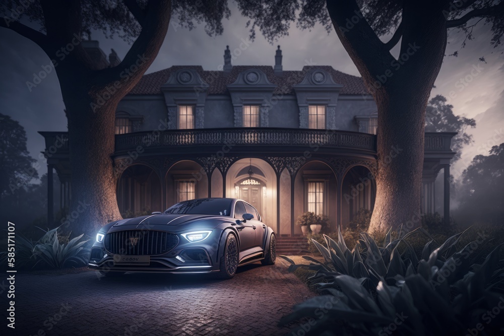 Drive in Style: A Cinematic Retro Luxury Car in Front of a Mansion ...