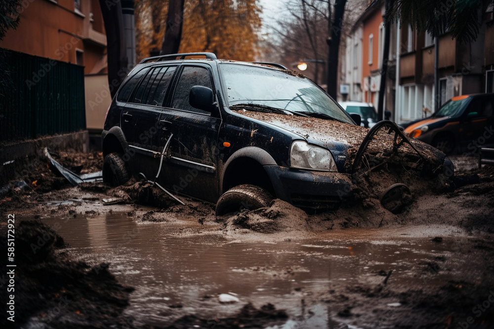 natural disaster scene, destroyed car on the street in a flooded city ...