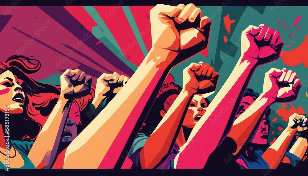 hands and fists in the air with crowd background illustration, power symbol, women marching ...