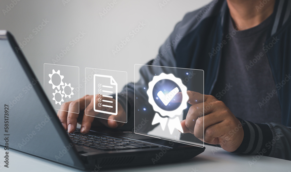 Business people working on laptop and touching certificate icon ...