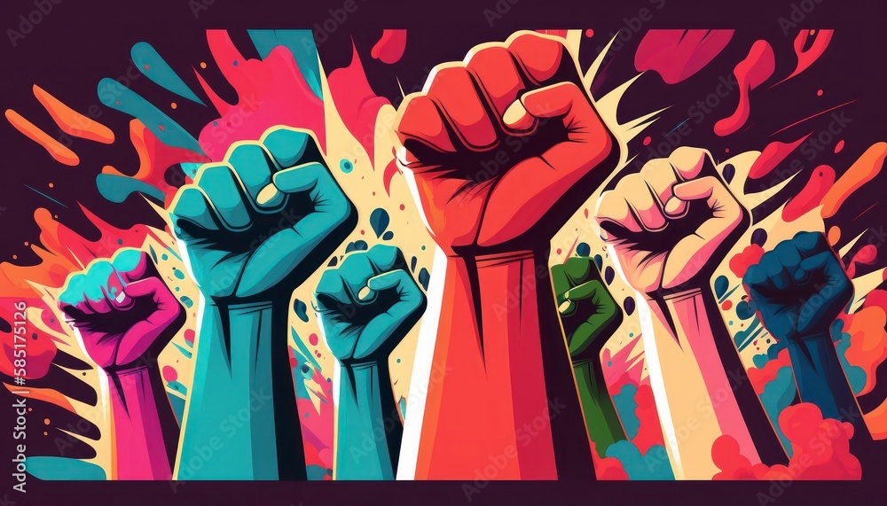 hands and fists in the air with crowd background illustration, power symbol, women marching ...