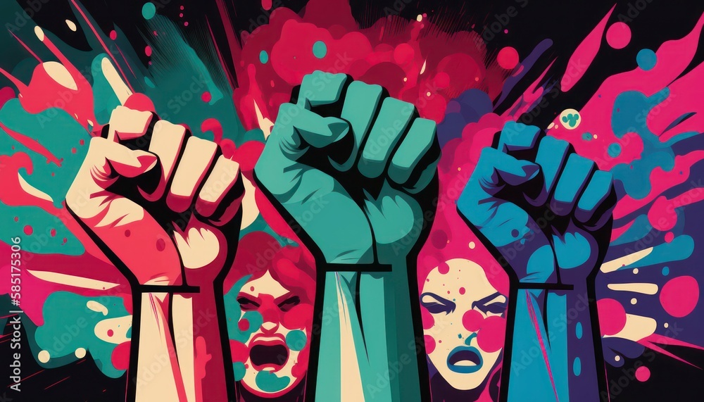 hands and fists in the air with crowd background illustration, power symbol, women marching ...