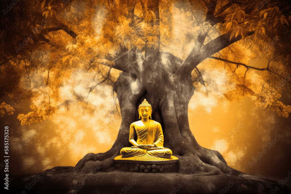 Buddha statue sitting under the Bodhi tree, enlightened, generative AI ...
