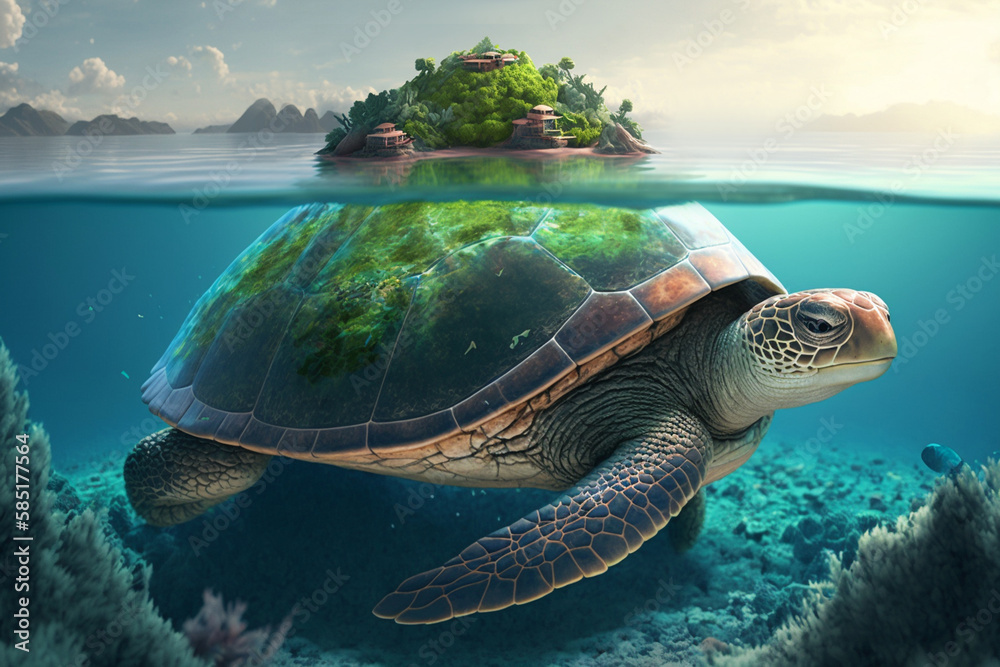The Majestic Sea Turtle: A Giant Island-Covered Shell Surfing the Ocean ...
