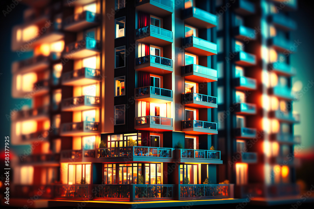 Striking modern high-rise condominium showcases sleek balconies, an ...