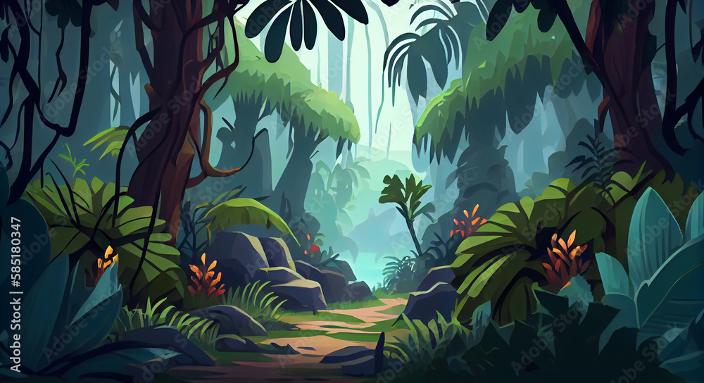 deep jungle forest 2D background environment for a mobile game. A high ...