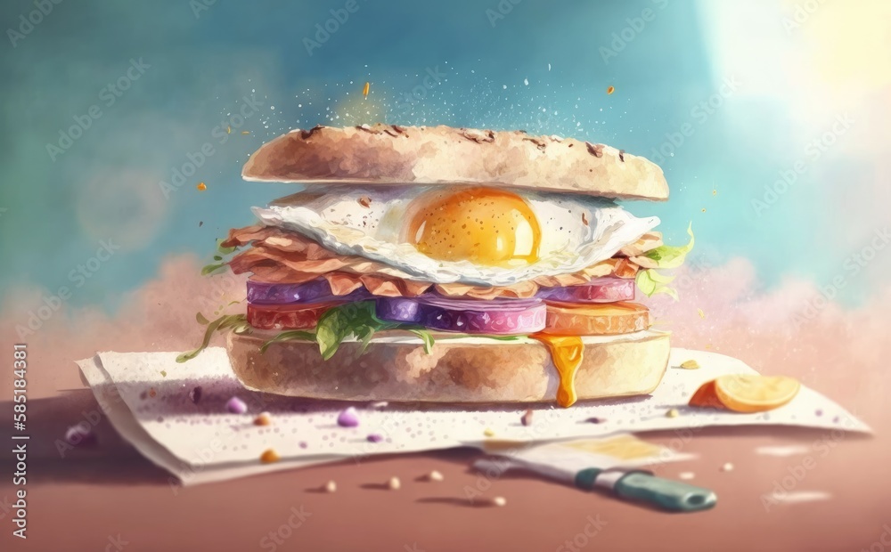 Drawn appetizing fresh healthy sandwich for breakfast watercolor ...