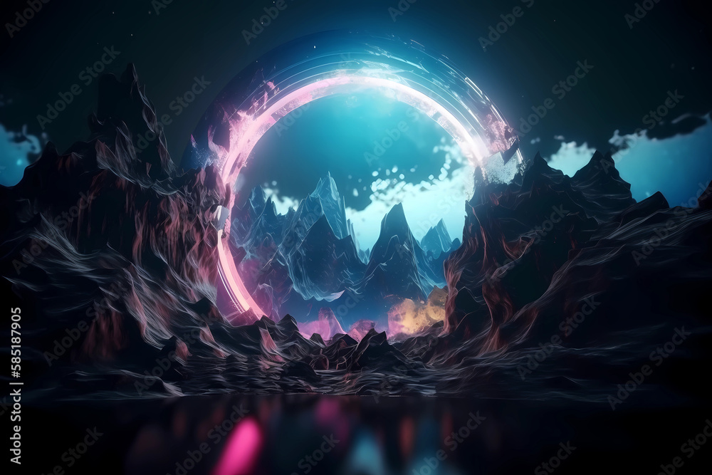 3d render, abstract neon background, mystical cosmic landscape, pink ...