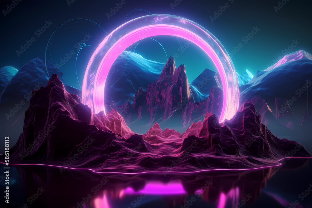 3d render, abstract neon background, mystical cosmic landscape, pink ...