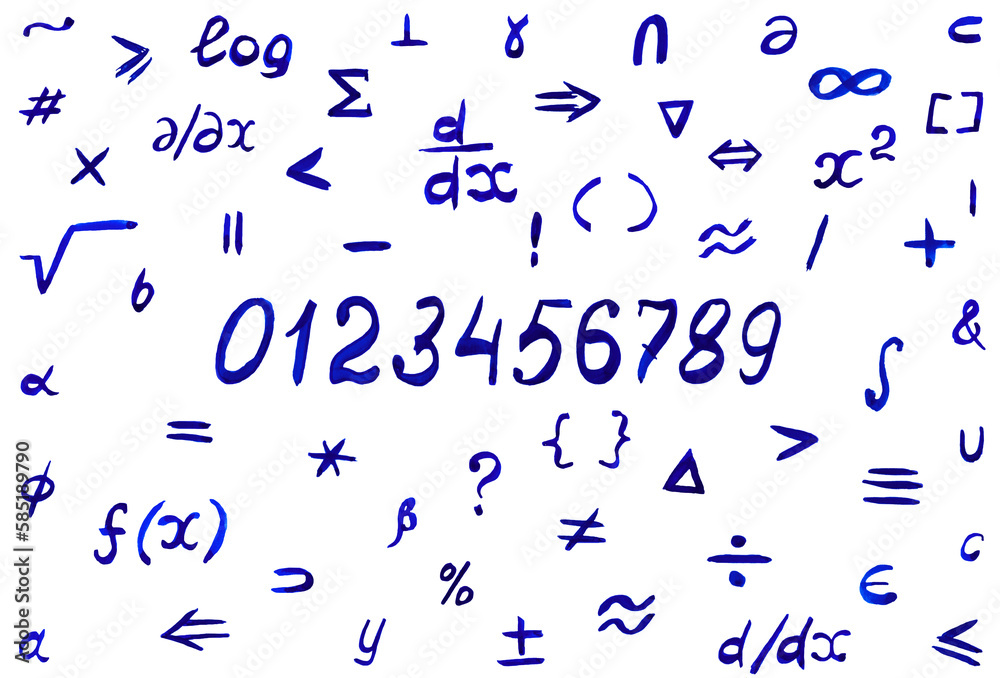 Mathematical symbols, signs, numbers and formulas are written with a ...