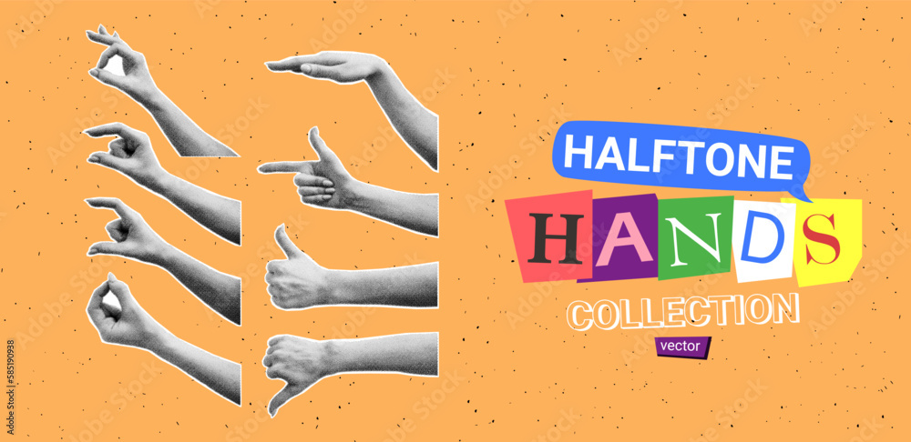 Collection of halftone hands. Vector illustration with gestures of ...
