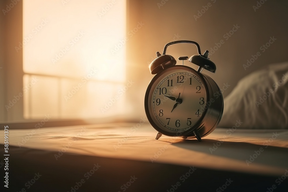 an alarm clock sitting on a bed in a room with sunlight coming through ...