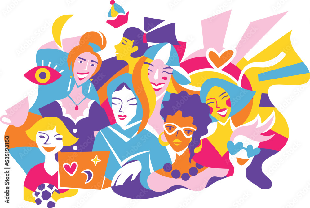 International women and children collage. Cutout playful illustration ...