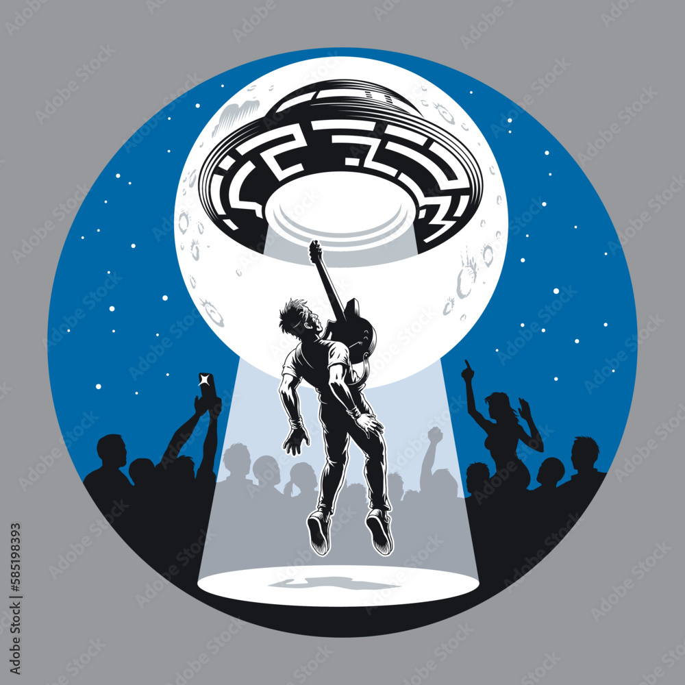 Alien UFO abducts rock musician from concert. Flying saucer and ray of ...