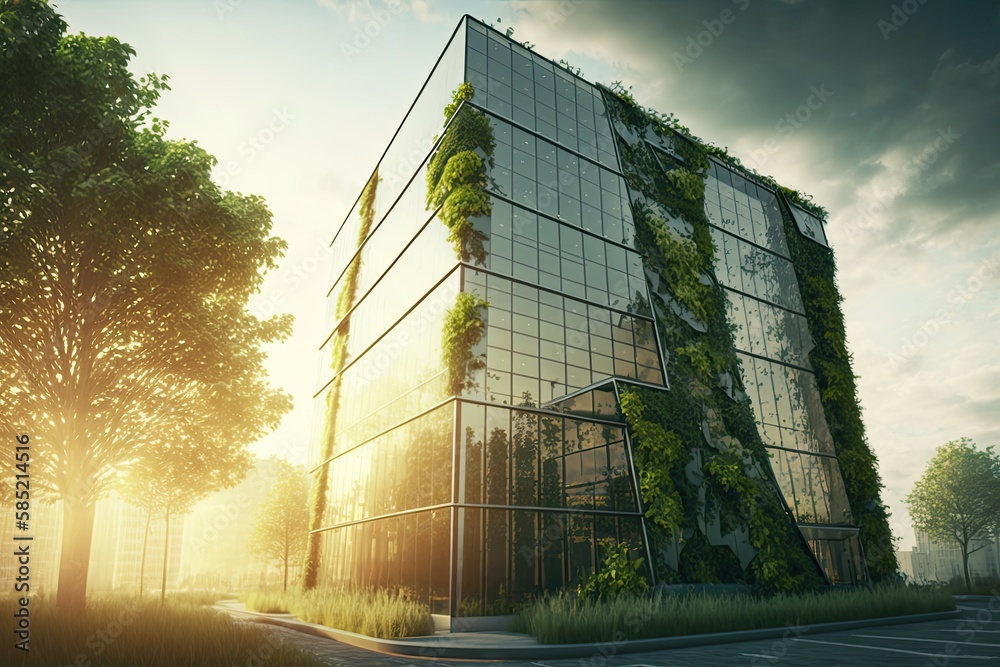 Green office building in a modern metropolis in a sunset. Glass ...