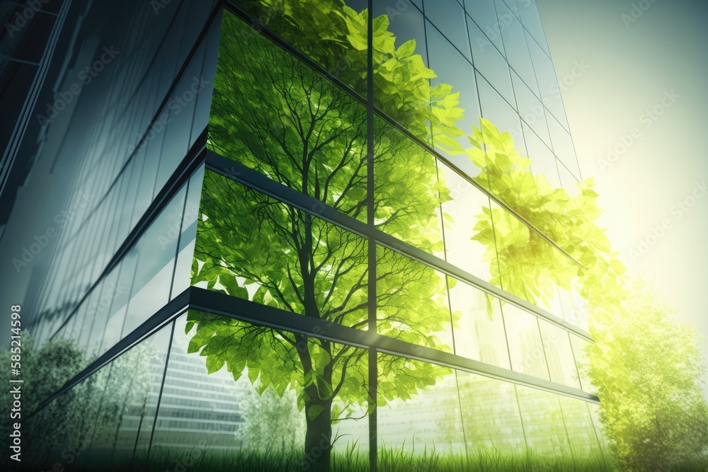 Green office building in a modern metropolis. Glass building with green ...
