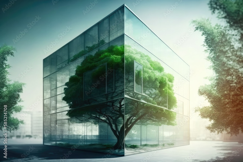 Green office building in a modern metropolis. Glass building with green ...