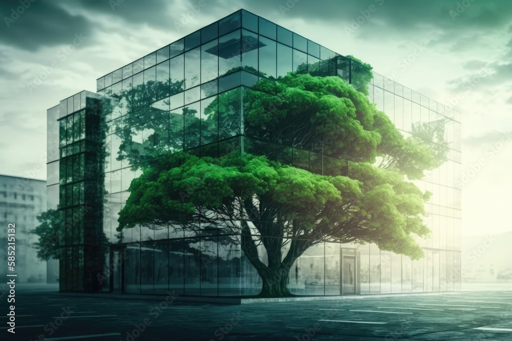 Green office building in a modern metropolis. Glass building with green ...