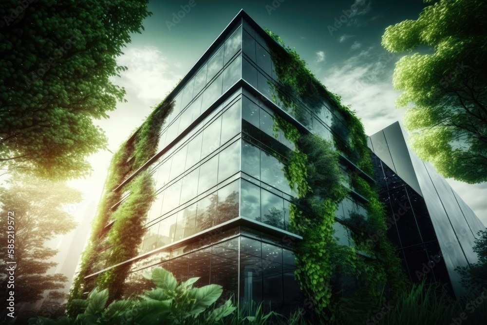 Green office building in a modern metropolis. Glass building with green ...