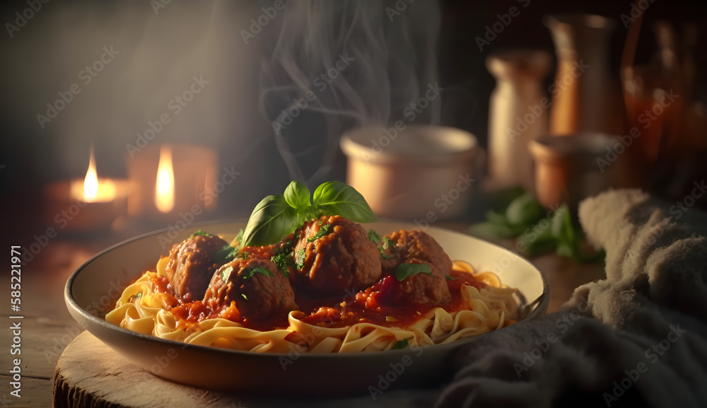 Plate of steaming hot pasta with rich tomato sauce, tender meatballs ...