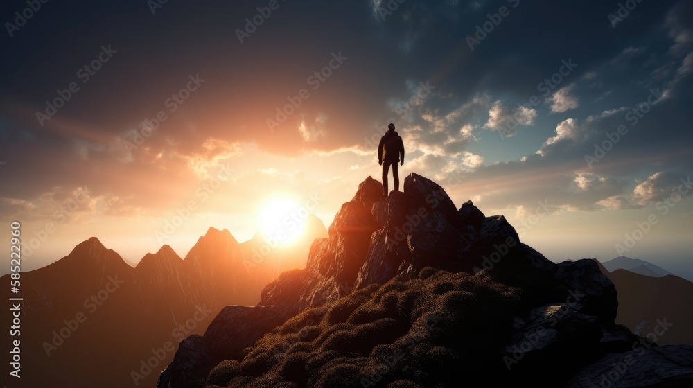 silhouette of man on top of mountain peak at sunset. Created with ...