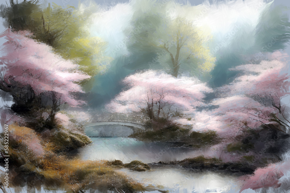 Modern impressionist oil painting of lush blooming spring japanese ...
