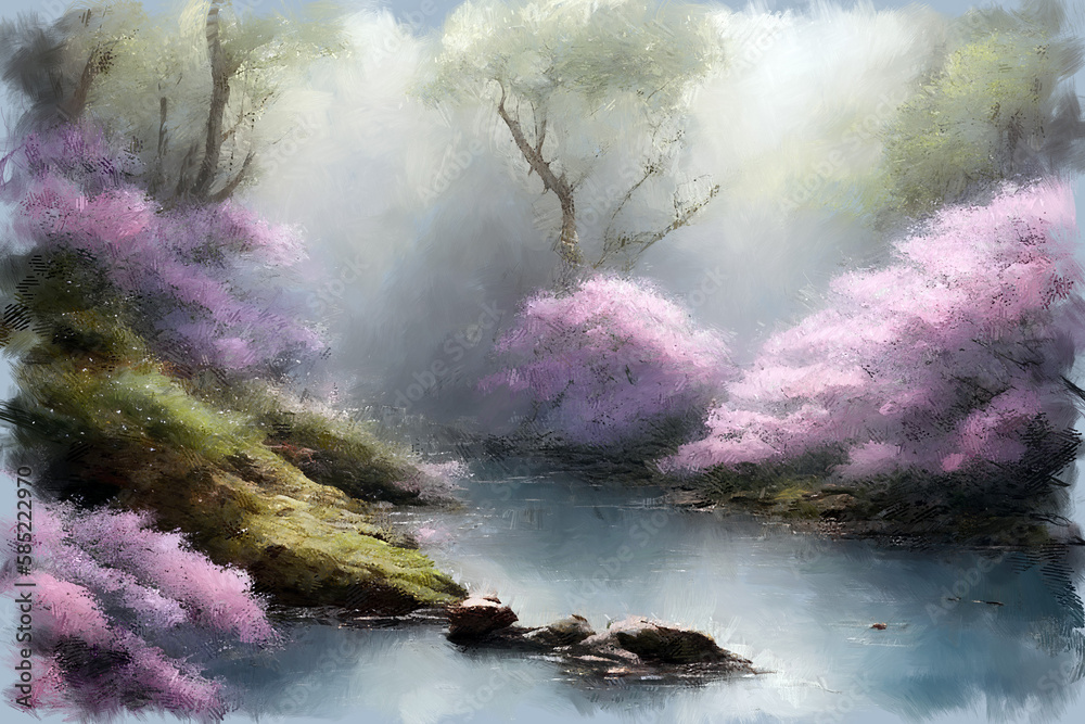 Serene landscape with pink sakura cherry trees in full blossom on the ...