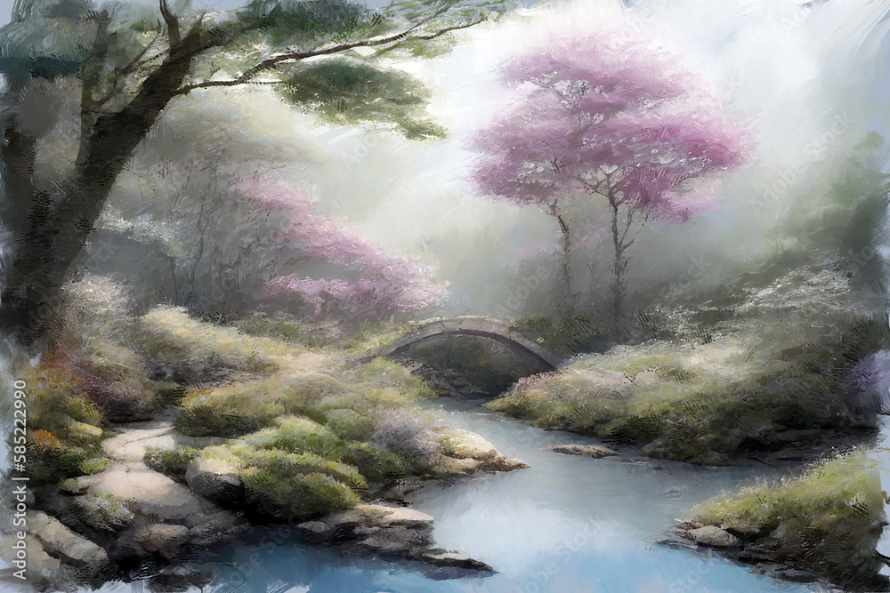 Expressive impressionist oil painting of lush blooming spring japanese ...
