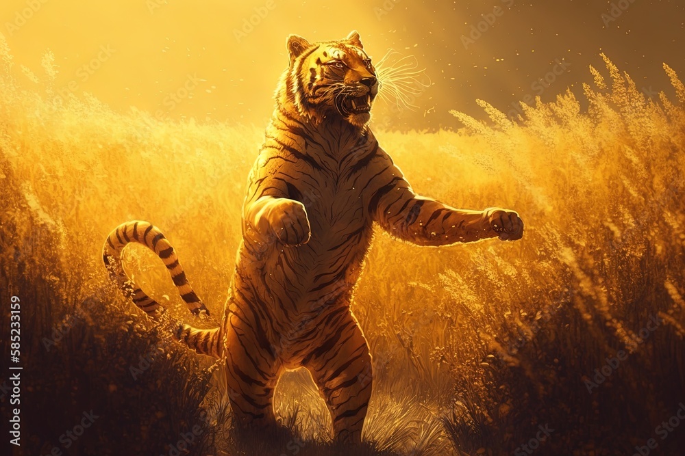 Majestic Miracle: An Anthropomorphic Tiger Dancing in a Golden Sunlit ...