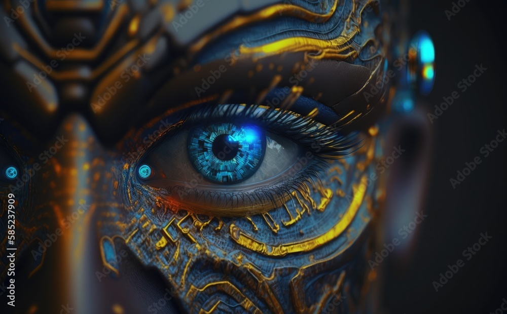 humanoid full head with blue and yellow eyes and vibrant neon neural ...