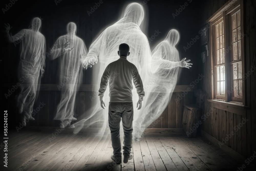 Superstitious frightened man see ghosts, concept of Superstition and ...