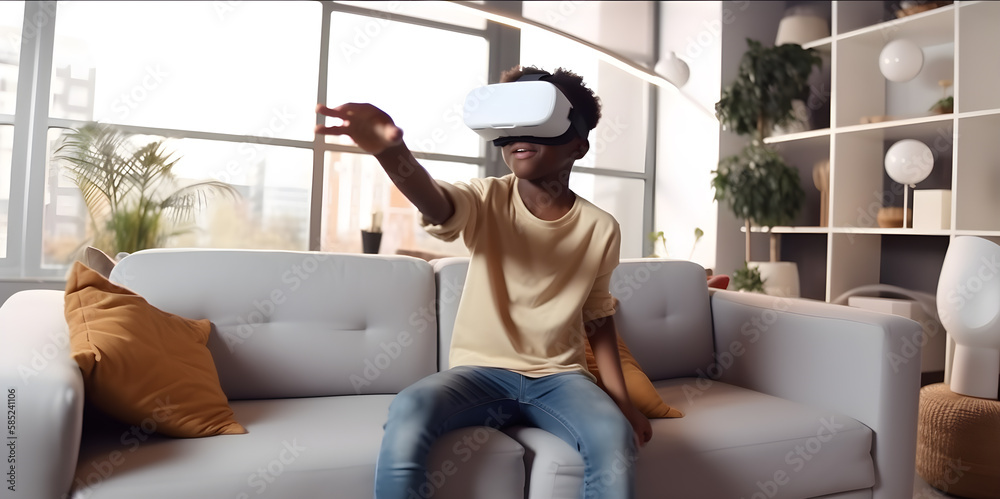 African boy child in a living room wearing a vr glasses, Kid playing ...