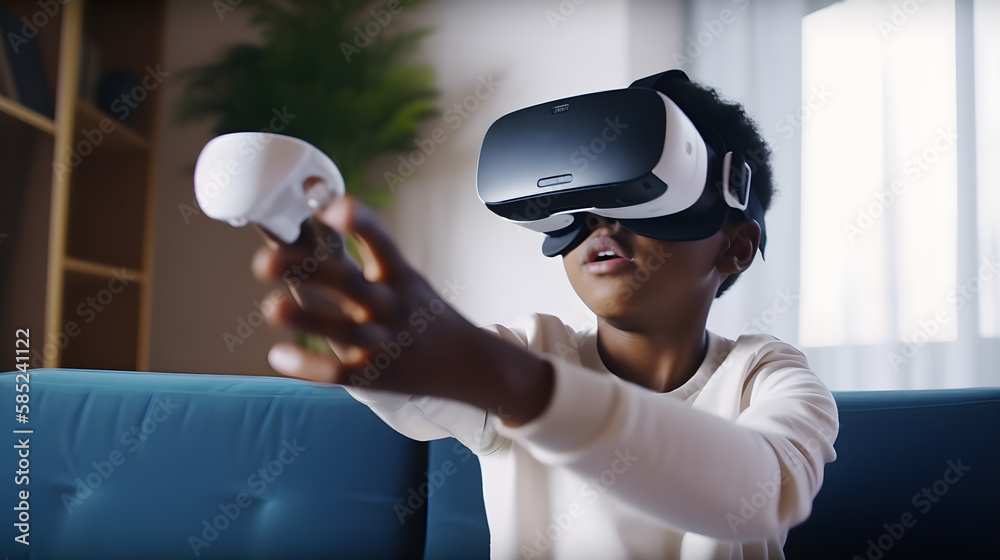 African boy child in a living room wearing a vr glasses, Kid playing ...