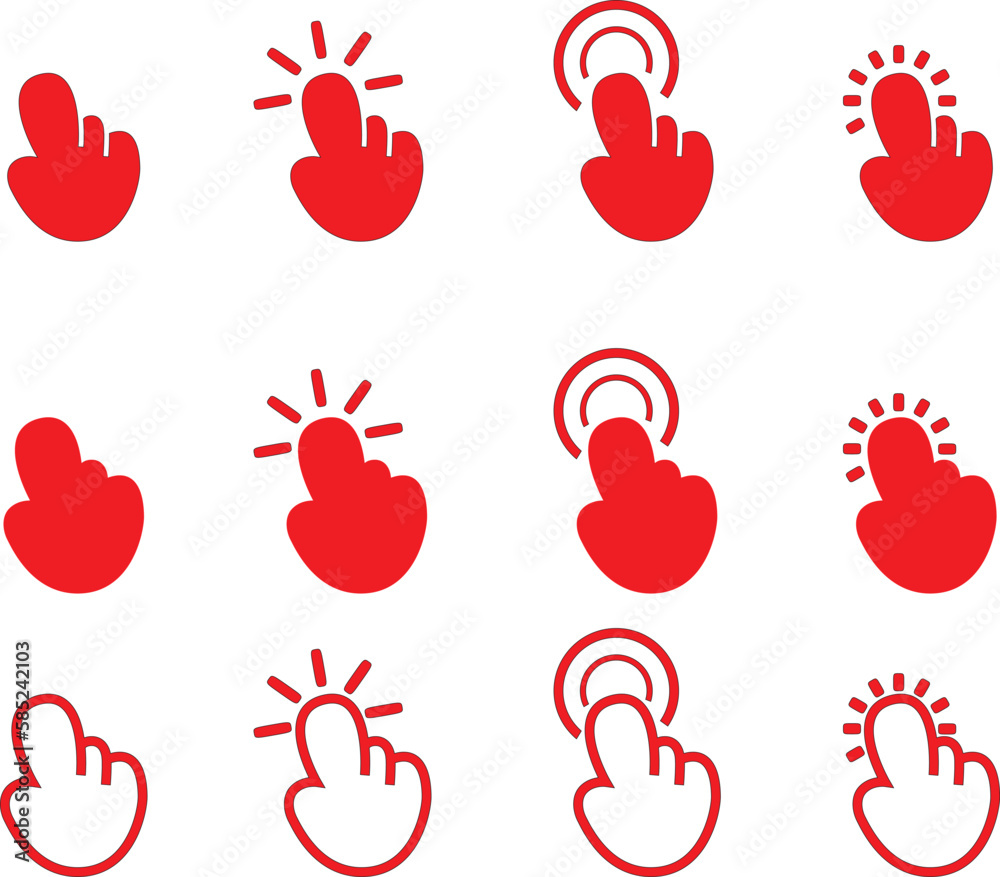 set of hand prints. red color . pointer cursor computer mouse icon ...