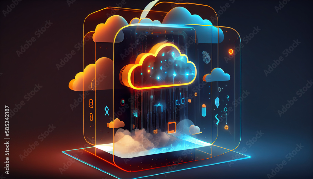 Digital informational technology web futuristic hologram with cloud icon, blue golden light ...