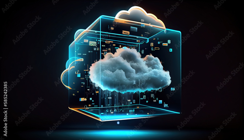 Digital informational technology web futuristic hologram with cloud icon, blue golden light ...