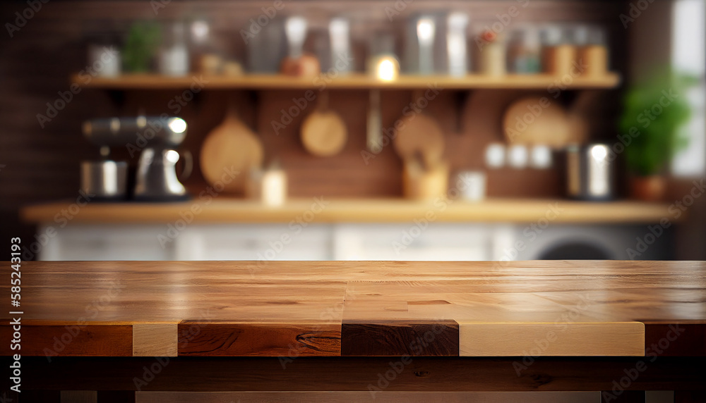 Wood table top on blur kitchen room background .For montage product ...