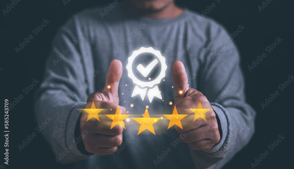 Customer Experience Concept, Hands shows thumb up the sign of top ...