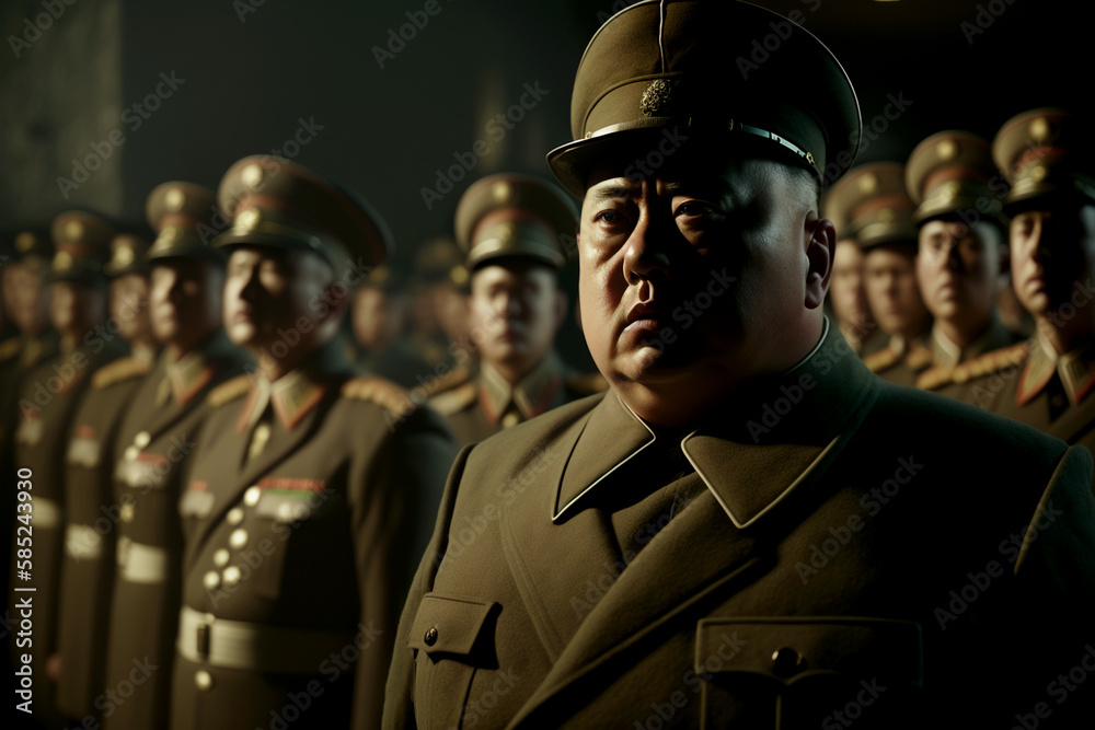 Vertical shot of dictator with his soldiers, Asian general with his ...