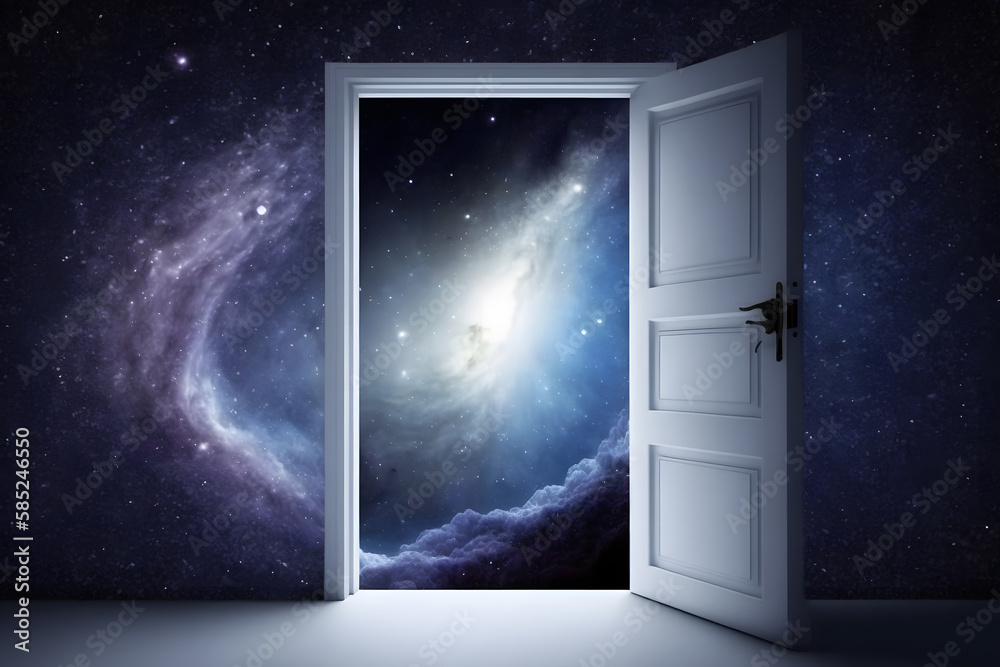 Outer space in dark room. Many stars and blue nebula behind door with ...