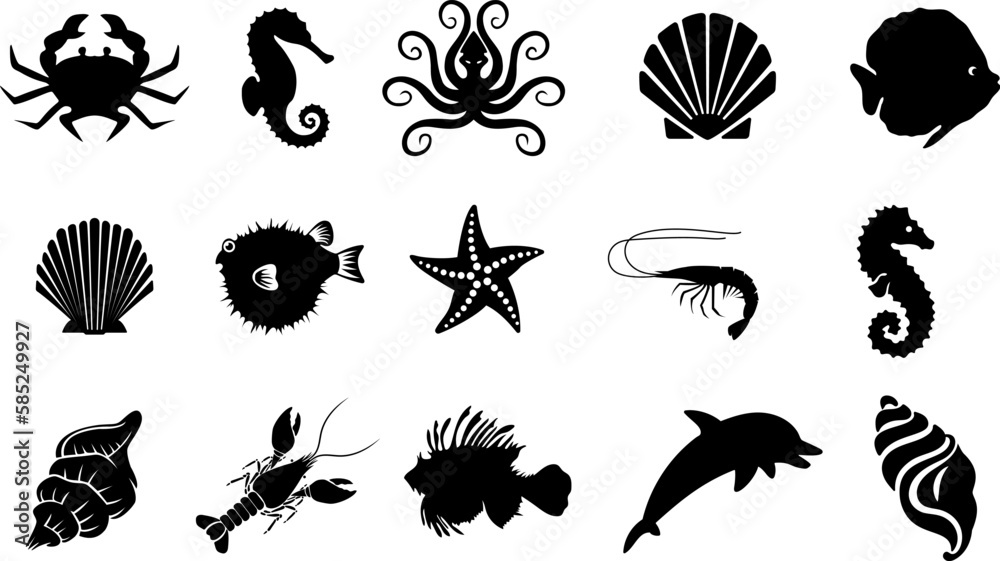 marine life. sea life animals. aquatic animal silhouette vector ...